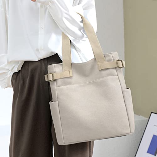 Women Canvas Tote Bag Large With Zippered Closure School ToTe Beach Work Travel Shoulder Bags (Beige)