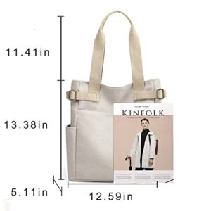 Women Canvas Tote Bag Large With Zippered Closure School ToTe Beach Work Travel Shoulder Bags (Beige)