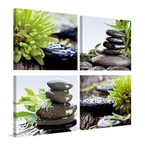 zen bathroom decor meditation canvas wall art, water stone and green plants pictures for yoga spa and office calming, relaxing wall art for office bedroom living room (12x12in, 4 panels)