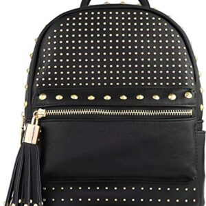 B BRENTANO Vegan Studded Multi-Zipper Top Handle Mini Backpack with Tassel Accents (Studded Black)