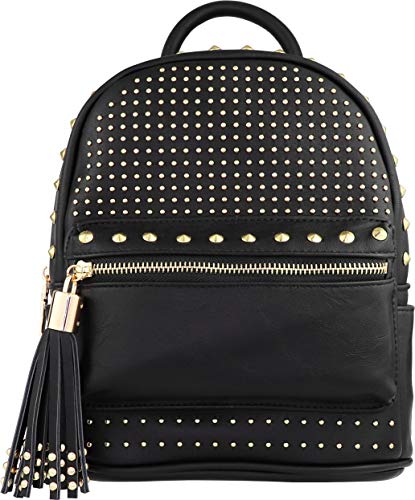 B BRENTANO Vegan Studded Multi-Zipper Top Handle Mini Backpack with Tassel Accents (Studded Black)