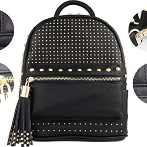 B BRENTANO Vegan Studded Multi-Zipper Top Handle Mini Backpack with Tassel Accents (Studded Black)