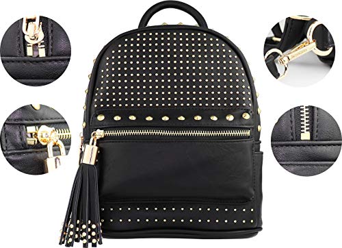 B BRENTANO Vegan Studded Multi-Zipper Top Handle Mini Backpack with Tassel Accents (Studded Black)