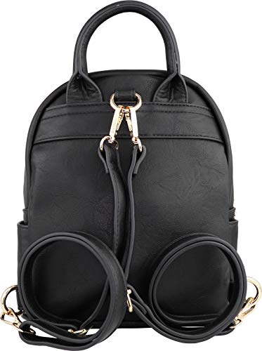 B BRENTANO Vegan Studded Multi-Zipper Top Handle Mini Backpack with Tassel Accents (Studded Black)