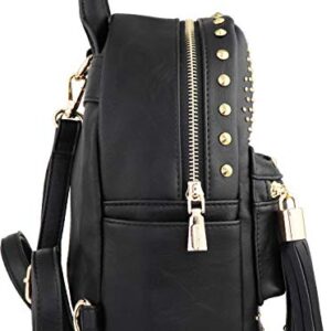 B BRENTANO Vegan Studded Multi-Zipper Top Handle Mini Backpack with Tassel Accents (Studded Black)