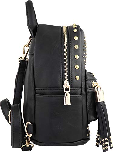 B BRENTANO Vegan Studded Multi-Zipper Top Handle Mini Backpack with Tassel Accents (Studded Black)