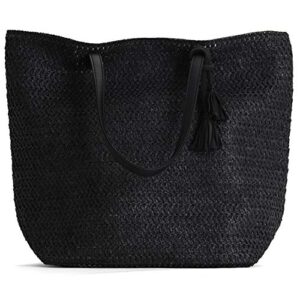 rutledge & king straw bag – tote bag – beach bag – large tote bag (1 pack, black)