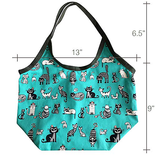 A-TO Cat Shoulder Purse Cotton Cloth Handbag Casual Tote Work Bag for Women, Ladies Fashion Reversible Pattern Cat Print Bag Teal Purse, Cat Lover Gifts Accessories, Medium