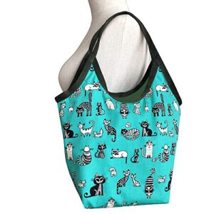 A-TO Cat Shoulder Purse Cotton Cloth Handbag Casual Tote Work Bag for Women, Ladies Fashion Reversible Pattern Cat Print Bag Teal Purse, Cat Lover Gifts Accessories, Medium