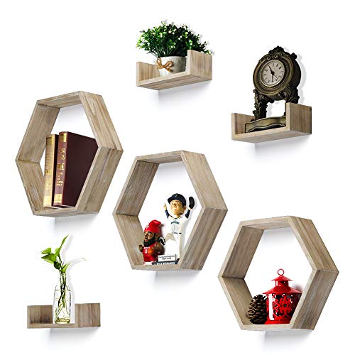 RR ROUND RICH DESIGN Wall Shelf Set of 6 - Rustic Wood 3 Hexagon Boxes and 3 Small Shelves Carbonized