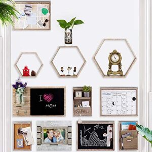 RR ROUND RICH DESIGN Wall Shelf Set of 6 - Rustic Wood 3 Hexagon Boxes and 3 Small Shelves Carbonized