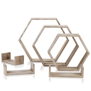 RR ROUND RICH DESIGN Wall Shelf Set of 6 - Rustic Wood 3 Hexagon Boxes and 3 Small Shelves Carbonized