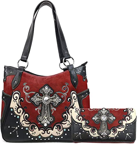 Justin West Mustang Cross Handbag Purse For Girls Women Concealed Carry (Red Tote Wallet Set)