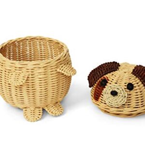 G6 COLLECTION Dog Rattan Storage Basket with Lid Decorative Home Decor Hand Woven Shelf Organizer Cute Handmade Handcrafted Nursery Gift Art Animal Decoration Artwork Wicker Puppy (Small)