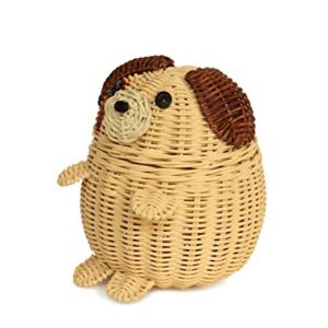 G6 COLLECTION Dog Rattan Storage Basket with Lid Decorative Home Decor Hand Woven Shelf Organizer Cute Handmade Handcrafted Nursery Gift Art Animal Decoration Artwork Wicker Puppy (Small)