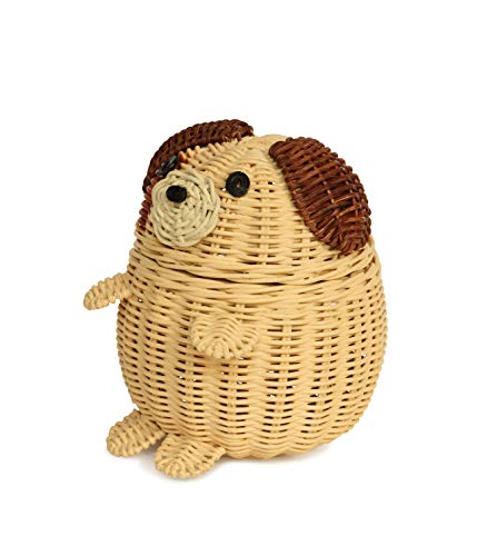 G6 COLLECTION Dog Rattan Storage Basket with Lid Decorative Home Decor Hand Woven Shelf Organizer Cute Handmade Handcrafted Nursery Gift Art Animal Decoration Artwork Wicker Puppy (Small)