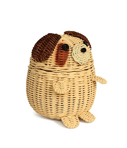 G6 COLLECTION Dog Rattan Storage Basket with Lid Decorative Home Decor Hand Woven Shelf Organizer Cute Handmade Handcrafted Nursery Gift Art Animal Decoration Artwork Wicker Puppy (Small)