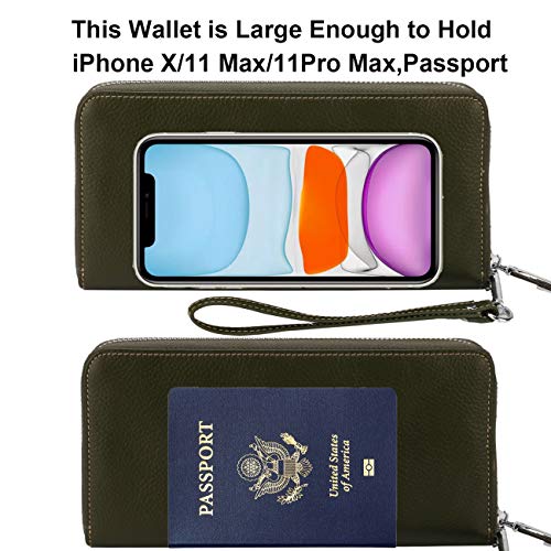 Lavemi Women's RFID Blocking 100% Leather Large Capacity Zip Around Wallet Phone Holder Clutch Travel Purse Wristlet(Large Size Pebble Black)