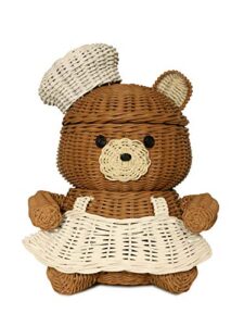 g6 collection bear rattan storage basket with lid decorative bin home decor hand woven shelf organizer cute handmade handcrafted gift art decoration artwork wicker bear (chef bear)