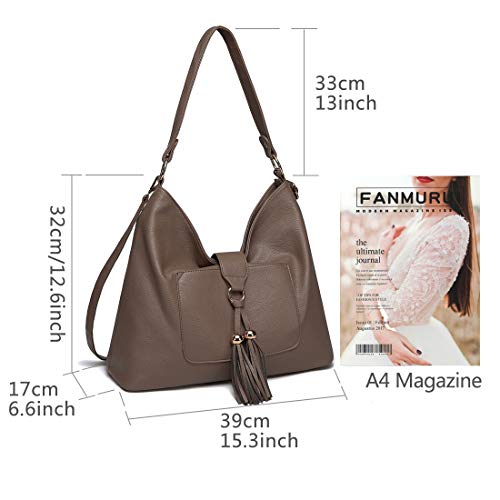 VASCHY Shoulder Bag Purse for Women, SAC PU Leather Fashion Vintage Tassel Hobo Handbag Purse Tote with Detachable Crossbody Shoulder Strap Khaki