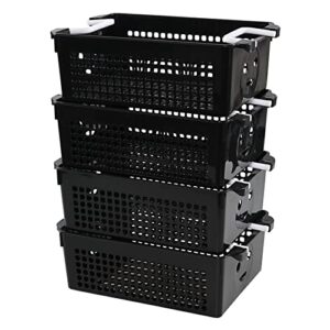 jekiyo 4 packs plastic basket with handle, black stackable baskets for storage