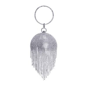 umren women round ball crystal evening clutch purse tassel wedding party hand bags silver