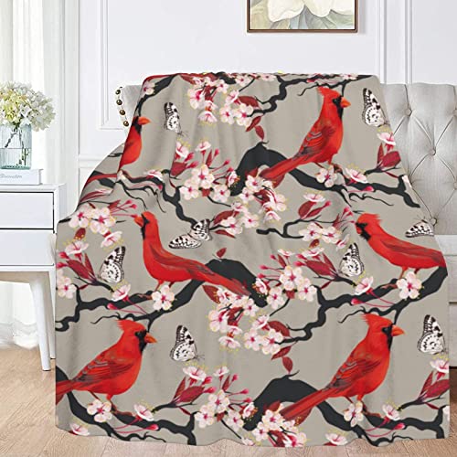 FeHuew Cardinals Birds Cherry Flowers Soft Throw Blanket 40x50 inch Lightweight Warm Flannel Fleece Blanket for Couch Bed Sofa Travel Camping for Kids Adults