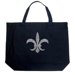 la pop art word art large tote bag – fleur de lis – popular louisiana cities black