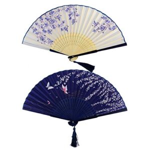 bantoye 2 pieces handheld fans, silk folding fans with bamboo frames for dancing cosplay wedding party props decoration, white blue