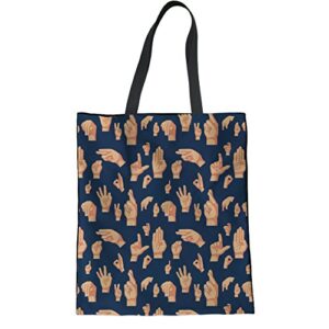 instantarts asl hand sign girl student handle handbag dark blue linen tote bag