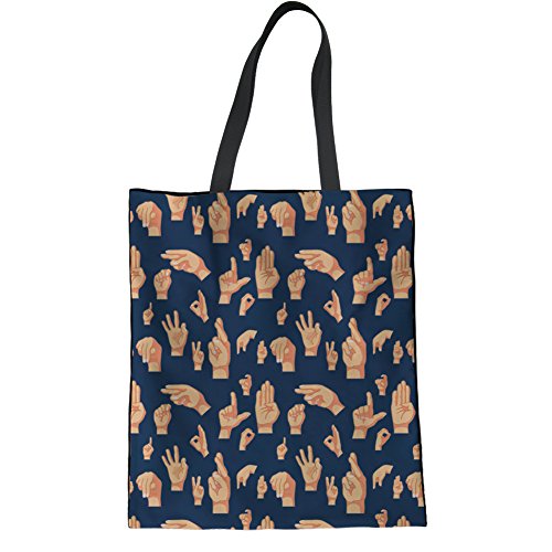 INSTANTARTS ASL Hand Sign Girl Student Handle Handbag Dark Blue Linen Tote Bag