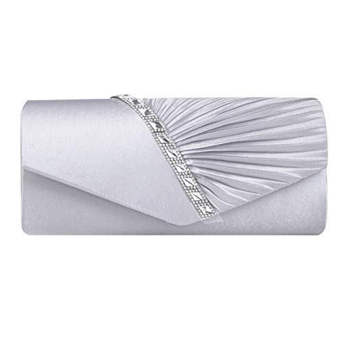 Goclothod Evening Clutch Handbag Women Fashion Pleated Crystal-Studded Crossbody Shoulder Bag Chain Clutch Purse (Silver)