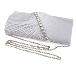 Goclothod Evening Clutch Handbag Women Fashion Pleated Crystal-Studded Crossbody Shoulder Bag Chain Clutch Purse (Silver)