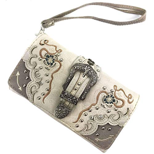 Zelris Floral Poppy Buckle Western Women Conceal Carry Tote Handbag Purse Set (Beige Silver)