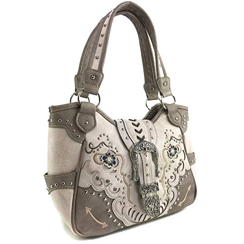 Zelris Floral Poppy Buckle Western Women Conceal Carry Tote Handbag Purse Set (Beige Silver)