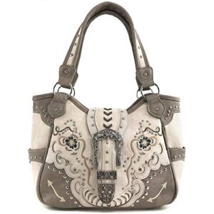 Zelris Floral Poppy Buckle Western Women Conceal Carry Tote Handbag Purse Set (Beige Silver)