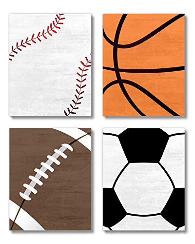 Brooke & Vine Sports Boys Room Nursery Wall Decor Art Prints Set (UNFRAMED 8x10 Card Stock) Basketball, Baseball, Soccer, Football, Kids Bathroom, Playroom, Classroom (Sports Balls)