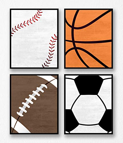 Brooke & Vine Sports Boys Room Nursery Wall Decor Art Prints Set (UNFRAMED 8x10 Card Stock) Basketball, Baseball, Soccer, Football, Kids Bathroom, Playroom, Classroom (Sports Balls)