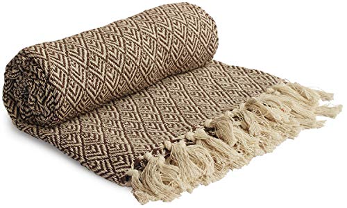 Brown Cotton Throw Blanket - Chevron Pattern with Decorative Fringe - Farmhouse Stripped Throws for Couch Bed Sofa Chair Beach Camping - Lightweight Warm Soft Cozy Soft - Home Living Room Decor