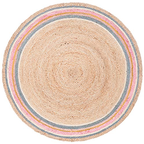 SAFAVIEH Natural Fiber Round Collection 3' Round Fuchsia / Beige NF806R Handmade Boho Charm Braided Jute Area Rug