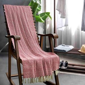 Cotton Throw Blanket 65x50 - Red Christmas Beautifully Knitted Chevron Pattern Throw Blanket with Fringe - Lightweight Warm Cozy Soft Elegant - Best for Chair Sofa Couch Bed - Home Living Room Decor