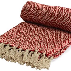 Cotton Throw Blanket 65x50 - Red Christmas Beautifully Knitted Chevron Pattern Throw Blanket with Fringe - Lightweight Warm Cozy Soft Elegant - Best for Chair Sofa Couch Bed - Home Living Room Decor