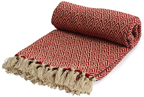 Cotton Throw Blanket 65x50 - Red Christmas Beautifully Knitted Chevron Pattern Throw Blanket with Fringe - Lightweight Warm Cozy Soft Elegant - Best for Chair Sofa Couch Bed - Home Living Room Decor