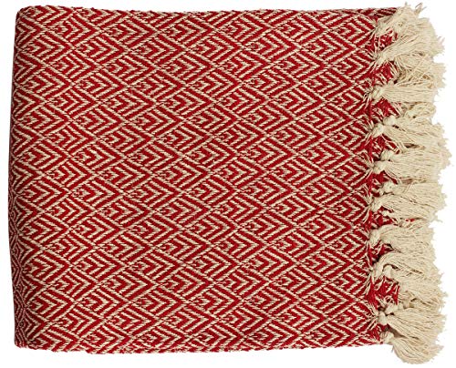 Cotton Throw Blanket 65x50 - Red Christmas Beautifully Knitted Chevron Pattern Throw Blanket with Fringe - Lightweight Warm Cozy Soft Elegant - Best for Chair Sofa Couch Bed - Home Living Room Decor