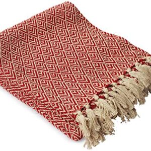 Cotton Throw Blanket 65x50 - Red Christmas Beautifully Knitted Chevron Pattern Throw Blanket with Fringe - Lightweight Warm Cozy Soft Elegant - Best for Chair Sofa Couch Bed - Home Living Room Decor