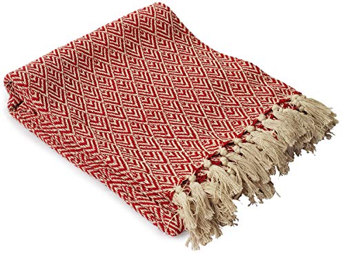 Cotton Throw Blanket 65x50 - Red Christmas Beautifully Knitted Chevron Pattern Throw Blanket with Fringe - Lightweight Warm Cozy Soft Elegant - Best for Chair Sofa Couch Bed - Home Living Room Decor