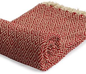 Cotton Throw Blanket 65x50 - Red Christmas Beautifully Knitted Chevron Pattern Throw Blanket with Fringe - Lightweight Warm Cozy Soft Elegant - Best for Chair Sofa Couch Bed - Home Living Room Decor