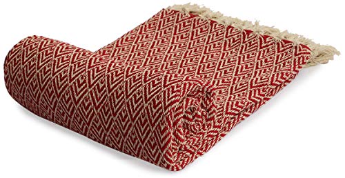 Cotton Throw Blanket 65x50 - Red Christmas Beautifully Knitted Chevron Pattern Throw Blanket with Fringe - Lightweight Warm Cozy Soft Elegant - Best for Chair Sofa Couch Bed - Home Living Room Decor