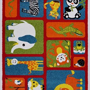 Ladole Rugs Adorable Animals Theme Contemporary Kids Area Rug - Carpet for Living Room Bedroom Entrance Hallway Carpet - Red Multicolor, 4x6 (3'11" x 5'3" 120cm x 160cm)