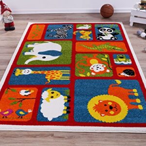 Ladole Rugs Adorable Animals Theme Contemporary Kids Area Rug - Carpet for Living Room Bedroom Entrance Hallway Carpet - Red Multicolor, 4x6 (3'11" x 5'3" 120cm x 160cm)